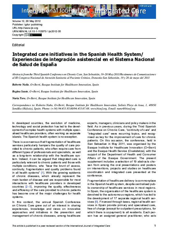 (PDF) Integrated care initiatives in the Spanish Health System ...