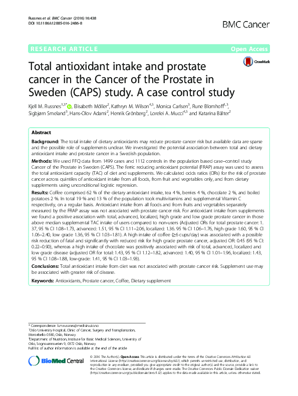 (PDF) Total antioxidant intake and prostate cancer in the Cancer of the ...