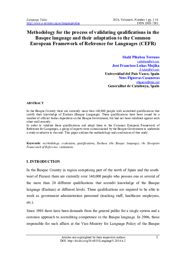 (PDF) Methodology for the process of validating qualifications in the Basque language and their ...