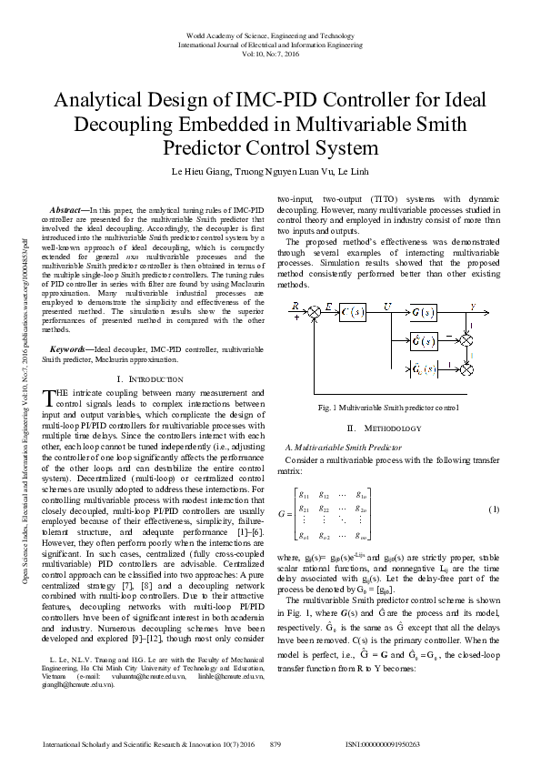 (PDF) Analytical Design Of Imc-Pid Controller For Ideal Decoupling Embedded In Multivariable ...
