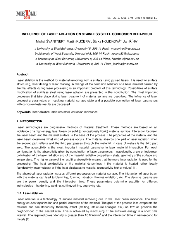 (PDF) Influence of Laser Ablation on Stainless Steel Corrosion Behaviour