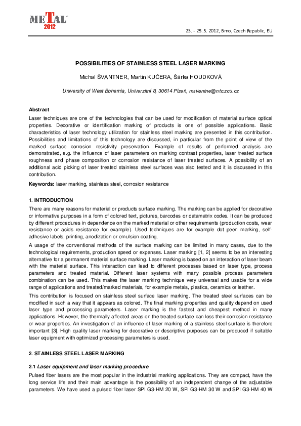 (PDF) Possibilities of Stainless Steel Laser Marking