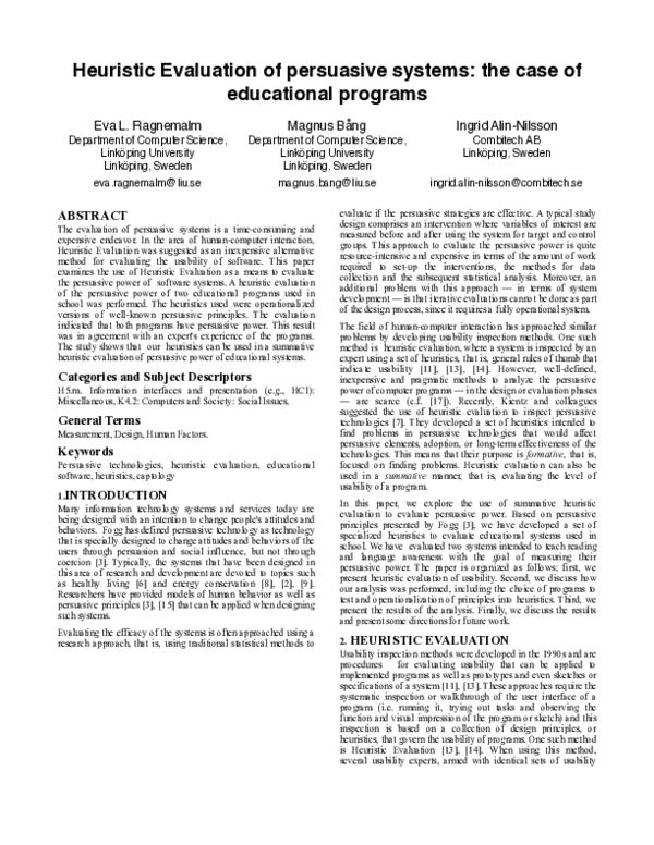 (PDF) Heuristic evaluation of persuasive systems; the case of ...