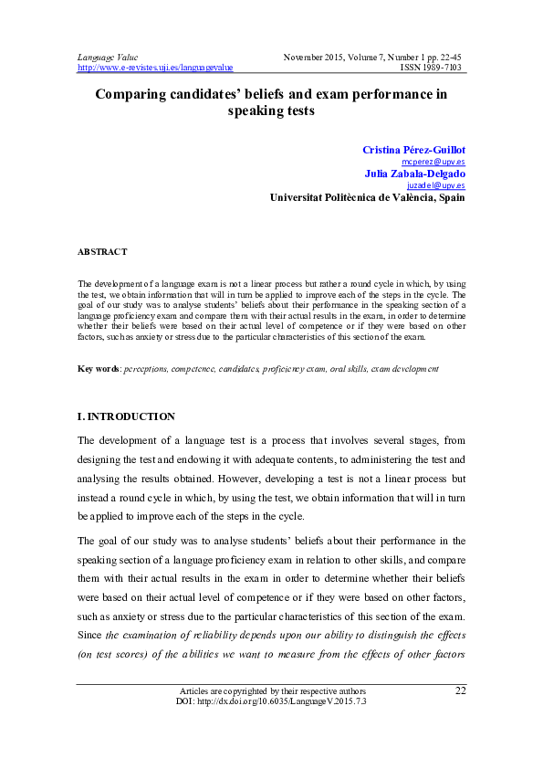 (PDF) Comparing candidates' beliefs and exam performance in speaking tests