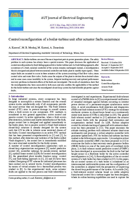 (PDF) Control reconfiguration of a boiler-turbine unit after actuator faults