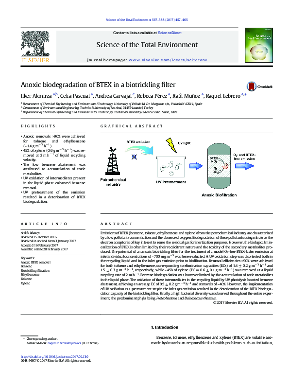 (PDF) Anoxic biodegradation of BTEX in a biotrickling filter