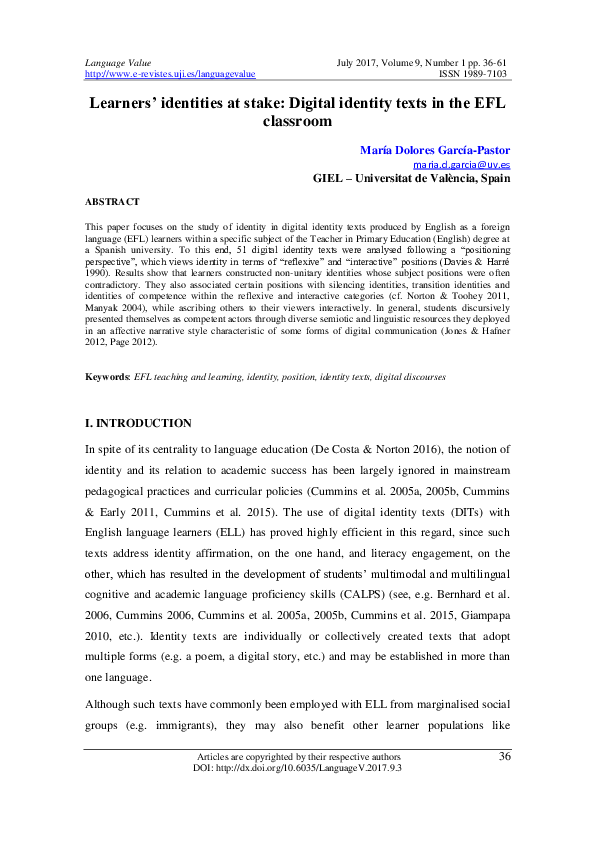 (PDF) Learners' identities at stake: Digital identity texts in the EFL ...