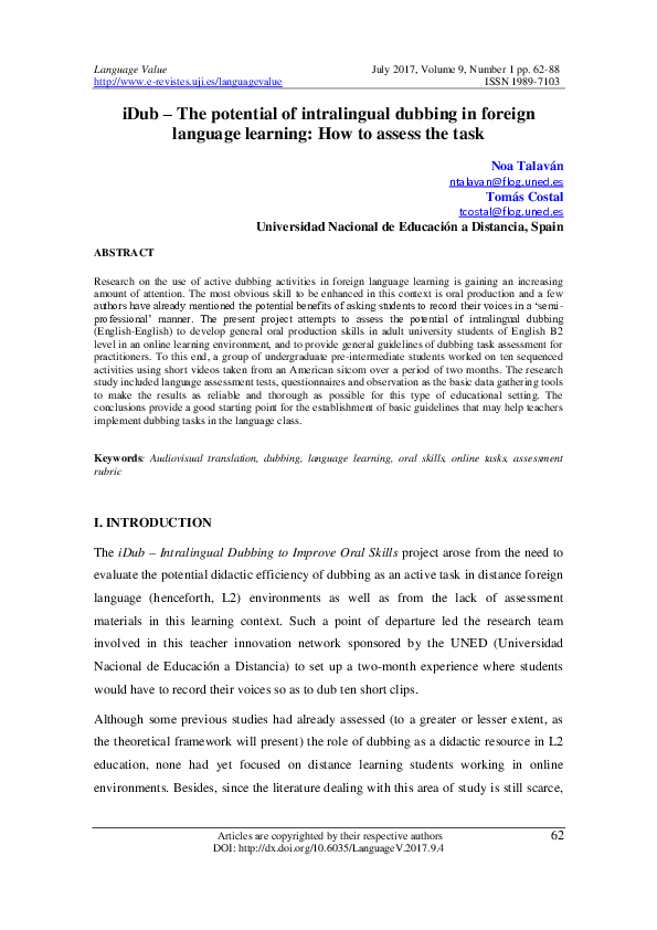 (PDF) iDub -The potential of intralingual dubbing in foreign language learning: How to assess ...