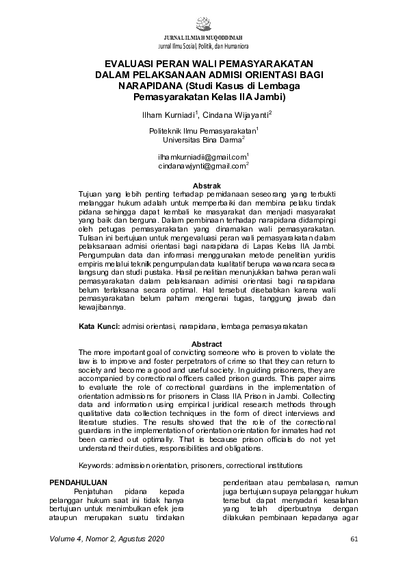 (PDF) EVALUASI PERAN WALI PEMASYARAKATAN DALAM PELAKSANAAN ADMISI ORIENTASI BAGI NARAPIDANA ...