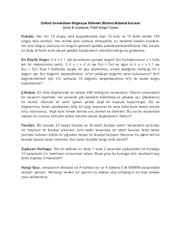 (PDF) Oxford Universitesi Bilgisayar Bilimleri Bölümü Mülakat Soruları