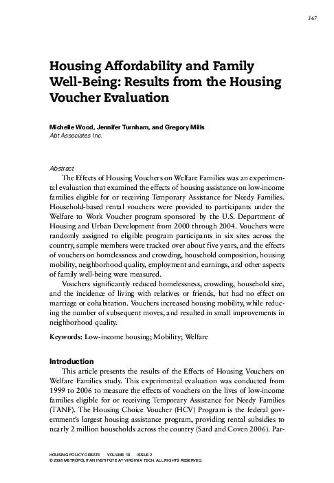 (PDF) Housing affordability and family well‐being: Results from the housing voucher evaluation