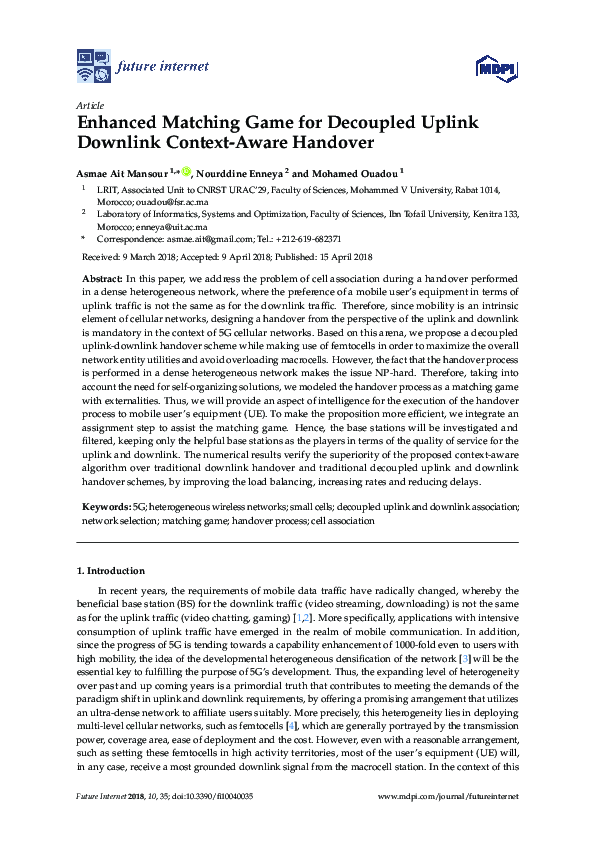 Pdf Enhanced Matching Game For Decoupled Uplink Downlink Context