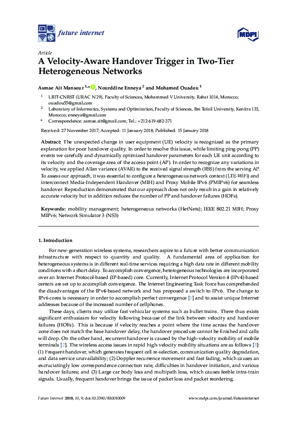 (PDF) A Velocity-Aware Handover Trigger in Two-Tier Heterogeneous Networks
