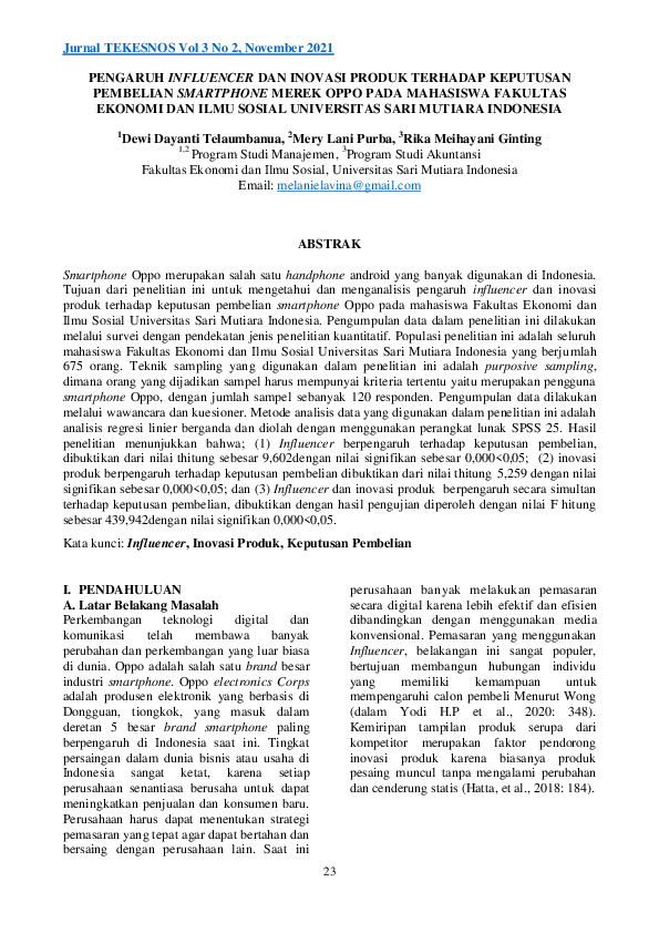 (PDF) Pengaruh Influencer Dan Inovasi Produk Terhadap Keputusan ...