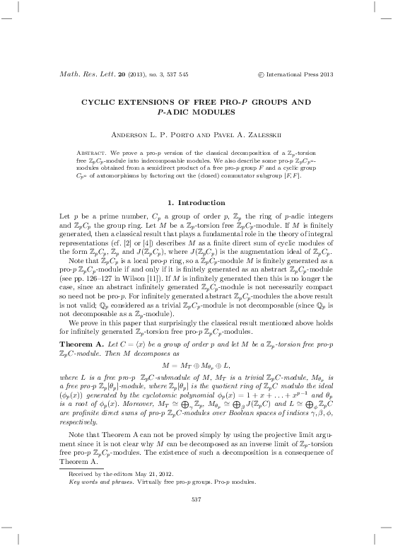 (PDF) Cyclic extensions of free pro-$p$ groups and $p$-adic modules