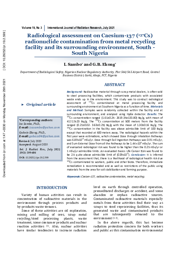 (PDF) Radiological assessment on Caesium-137 (137Cs) radionuclide ...