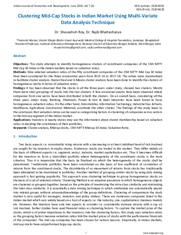 Pdf Clustering Mid Cap Stocks In Indian Market Using Multi Variate 8997