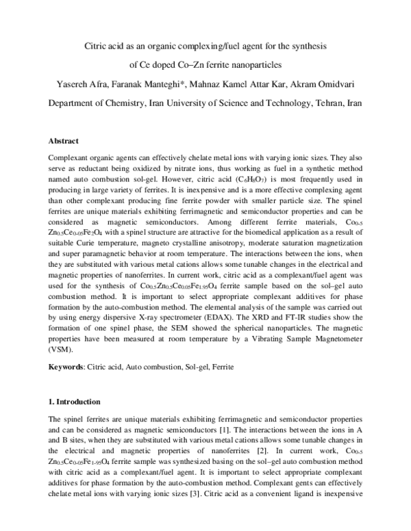 (PDF) Citric Acid as an Organic Complexing/Fuel Agent for the Synthesis ...