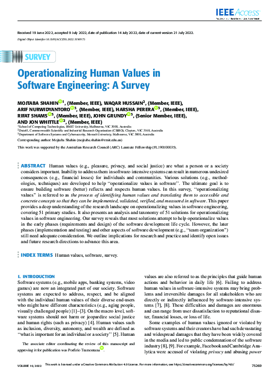 (PDF) Operationalizing Human Values in Software Engineering: A Survey