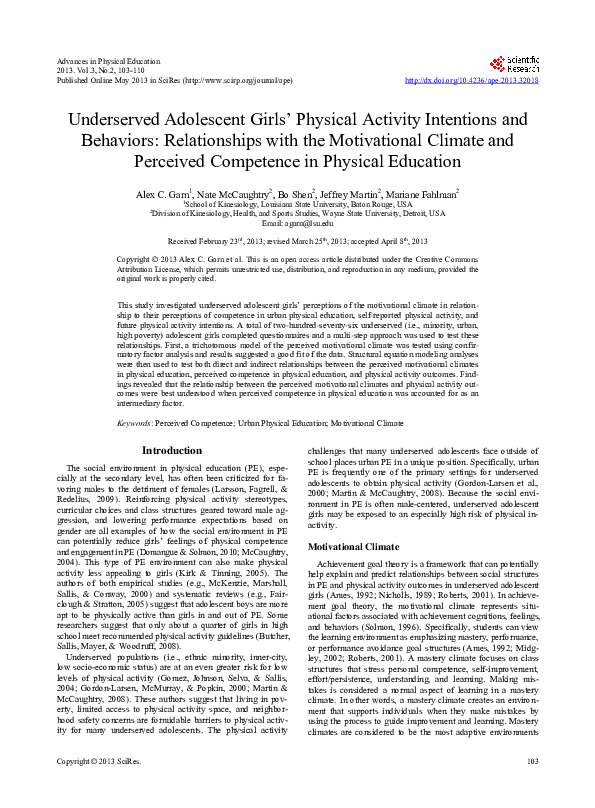 (PDF) Underserved Adolescent Girls’ Physical Activity Intentions and Behaviors: Relationships ...