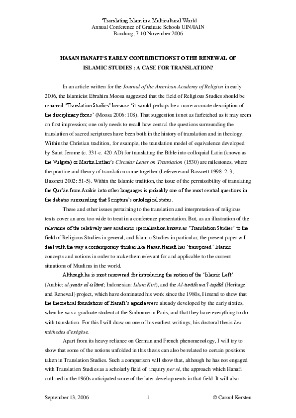 (PDF) Hasan Hanafi's Early Contributions to the Renewal of Islamic ...