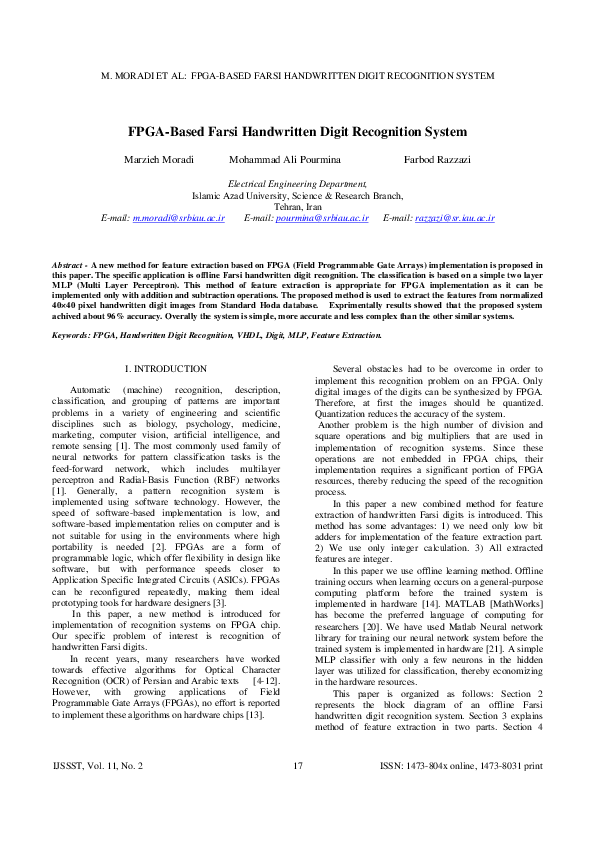Pdf Fpga Based Farsi Handwritten Digit Recognition System Farbod Razzazi 