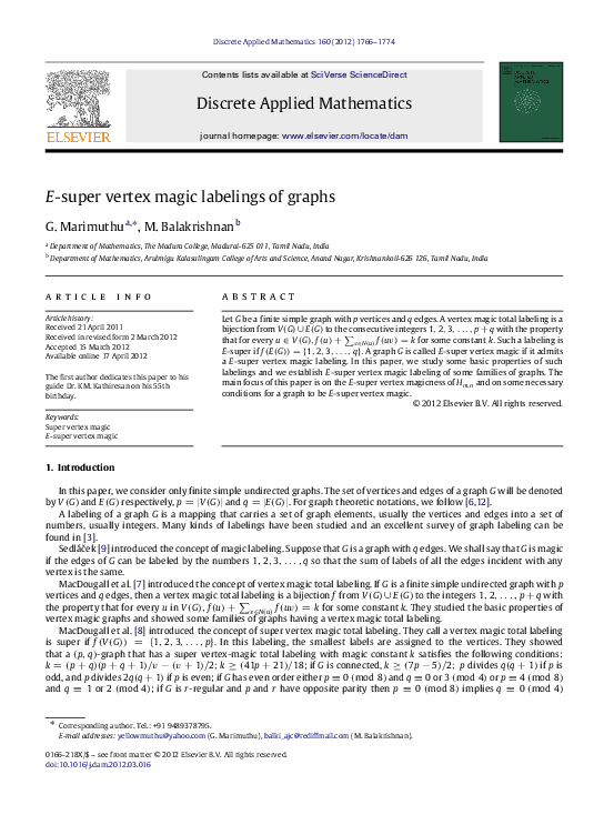 (PDF) E-super vertex magic labelings of graphs