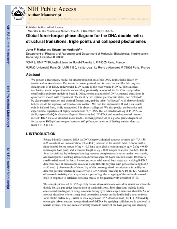 (PDF) Global force-torque phase diagram for the DNA double helix ...