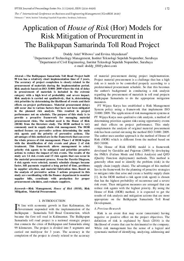 (PDF) Application of House of Risk (Hor) Models for Risk Mitigation of ...