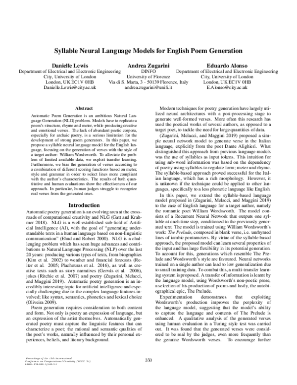 (PDF) Syllable Neural Language Models for English Poem Generation