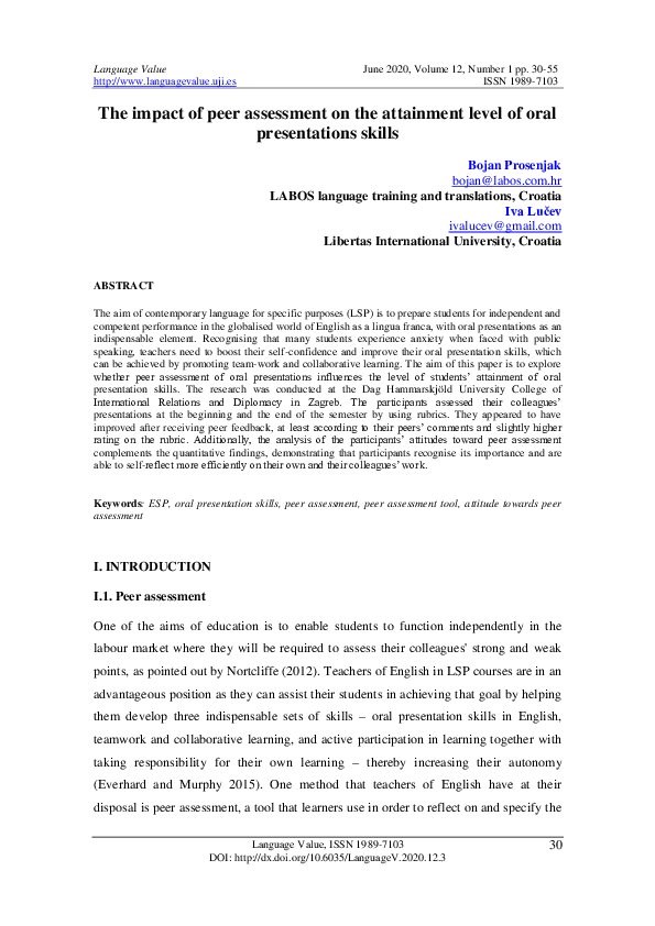 (PDF) The impact of peer assessment on the attainment level of oral presentations skills
