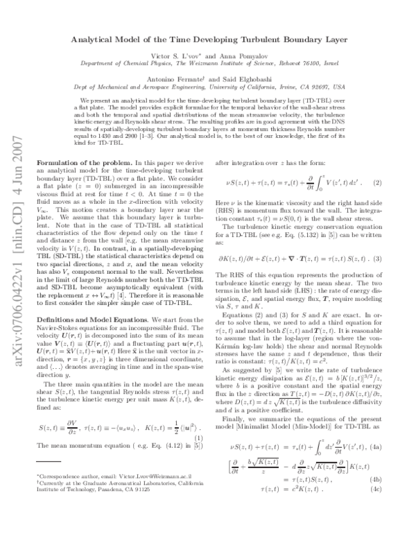 (PDF) Analytical model of the time developing turbulent boundary layer | Antonino Ferrante ...