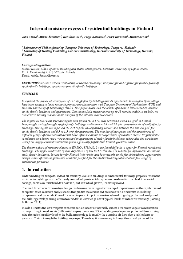 (PDF) Internal moisture excess of residential buildings in Finland