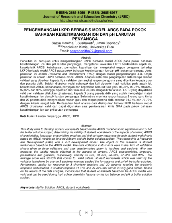 (PDF) Pengembangan LKPD Berbasis Model ARCS Pada Pokok Bahasan Kesetimbangan Ion dan pH Larutan ...