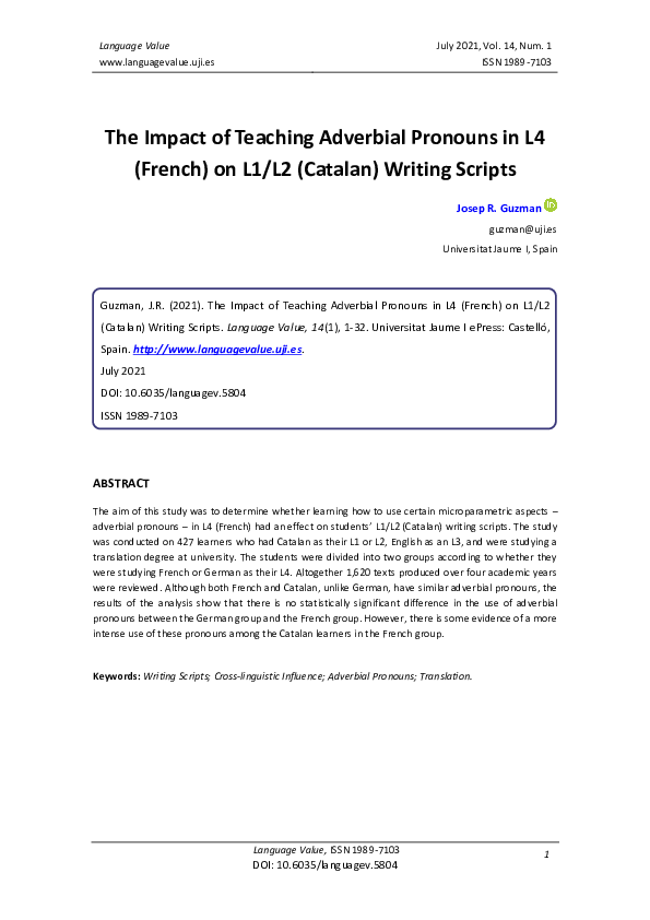 (PDF) The Impact of Teaching Adverbial Pronouns in L4 (French) on L1/L2 ...