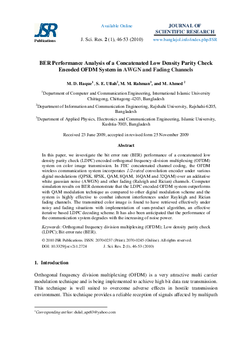 (PDF) BER Performance Analysis of a Concatenated Low Density Parity Check Encoded OFDM System in ...