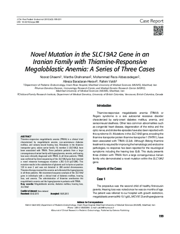 (PDF) Novel Mutation in the SLC19A2 Gene in an Iranian Family with Thiamine-Responsive ...