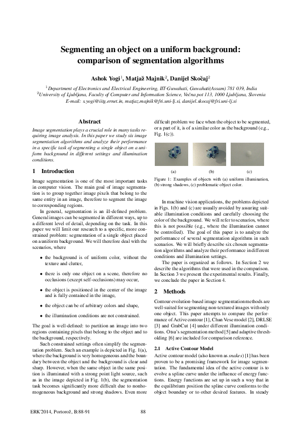 Pdf Segmenting An Object On A Uniform Background Comparison Of