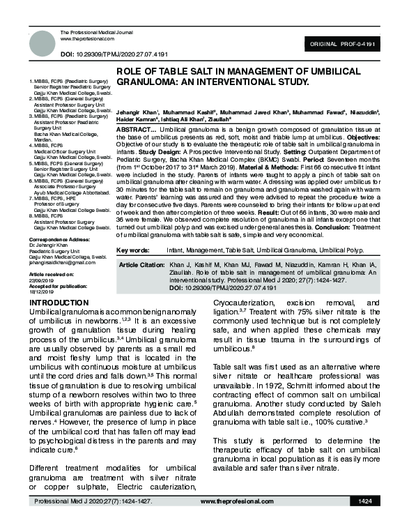 Pdf Role Of Table Salt In Management Of Umbilical Granuloma An