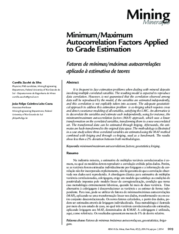 (PDF) Minimum/maximum autocorrelation factors applied to grade estimation