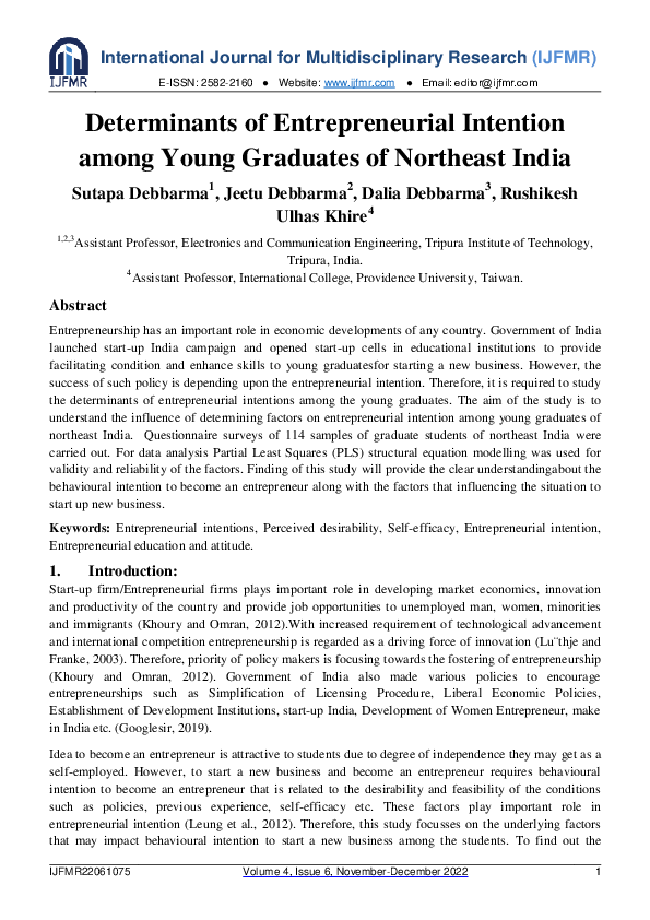 Pdf Determinants Of Entrepreneurial Intention Among Young Graduates Of Northeast India