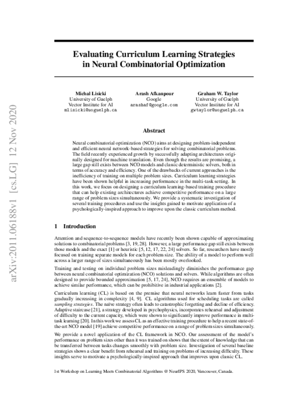 Pdf Evaluating Curriculum Learning Strategies In Neural Combinatorial Optimization