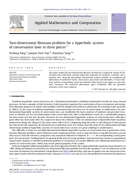 (PDF) Two-dimensional Riemann problem for a hyperbolic system of conservation laws in three pieces