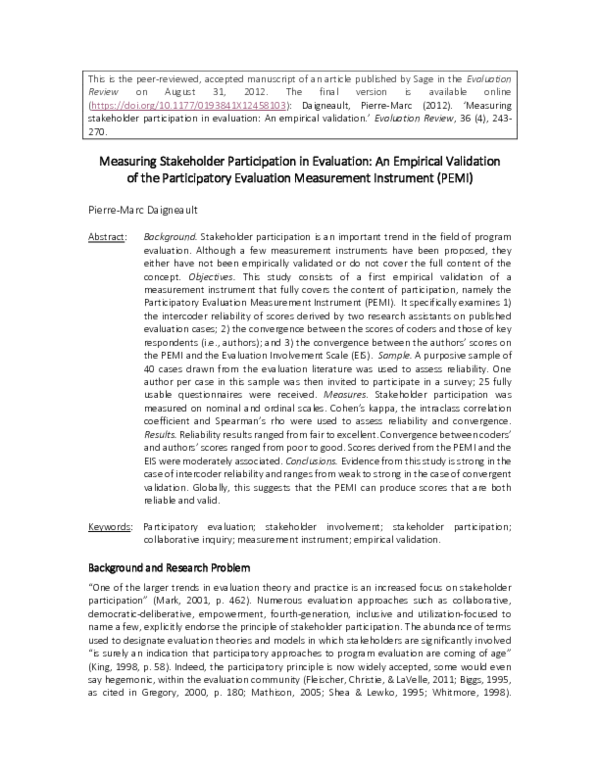 (PDF) Measuring stakeholder participation in evaluation: An empirical ...