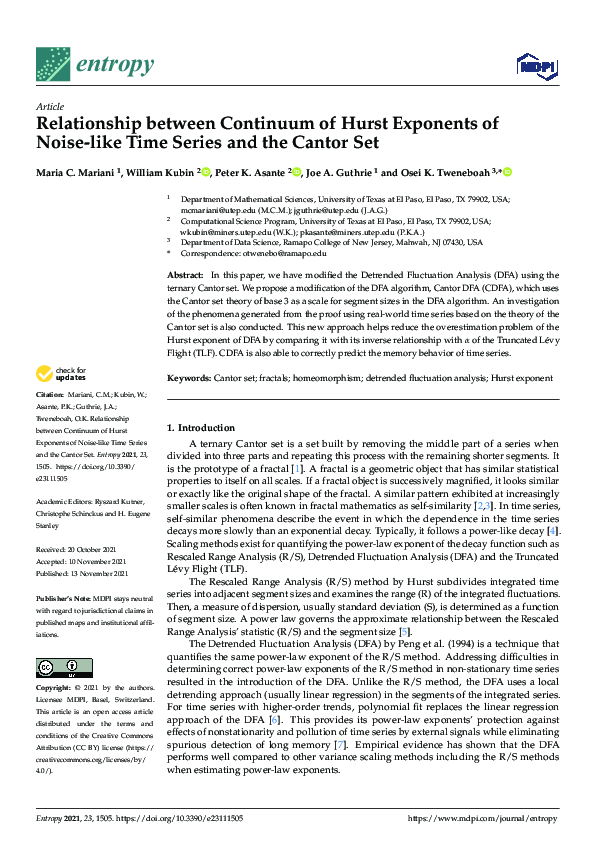 (PDF) Relationship between Continuum of Hurst Exponents of Noise-like Time Series and the Cantor Set