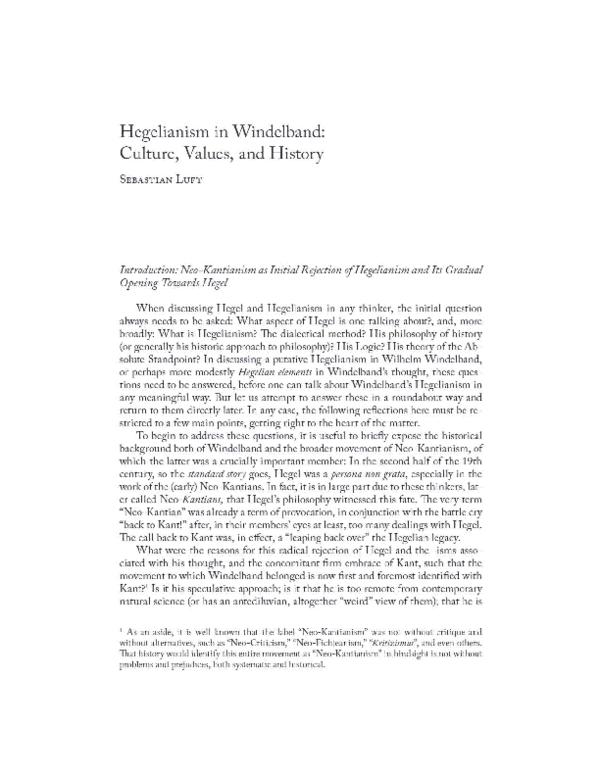 (PDF) Hegelianism in Windelband Culture, Values, and History
