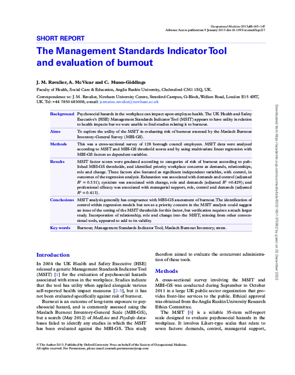 (PDF) The Management Standards Indicator Tool and evaluation of burnout