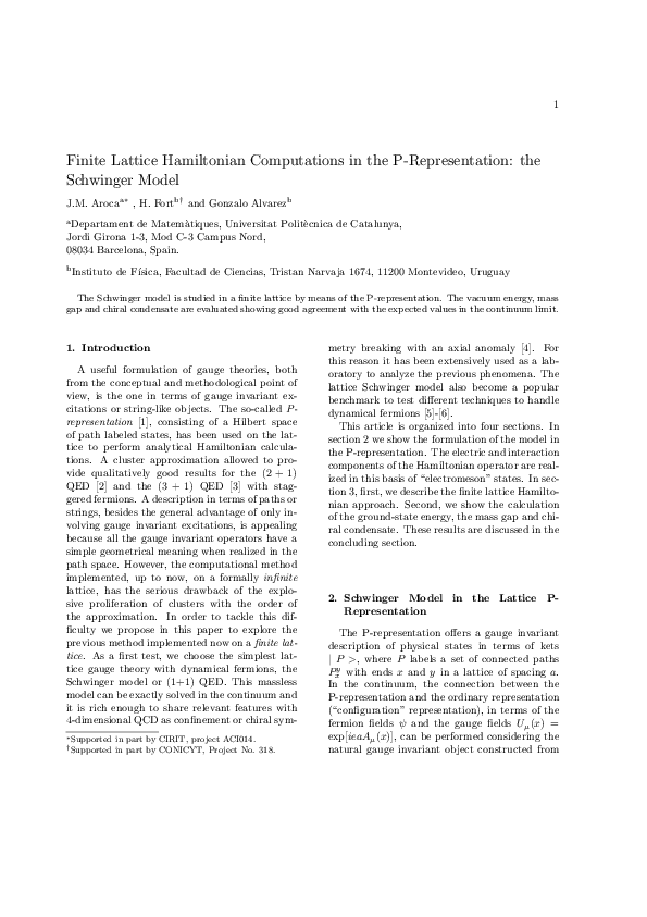 Pdf Finite Lattice Hamiltonian Computations In The P Representation The Schwinger Model