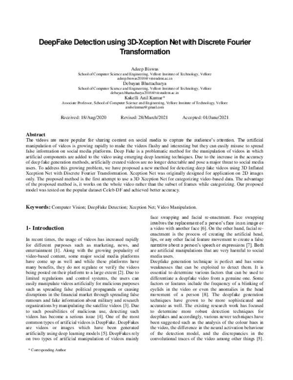 Pdf Deepfake Detection Using 3d Xception Net With Discrete Fourier Transformation Prof Anil