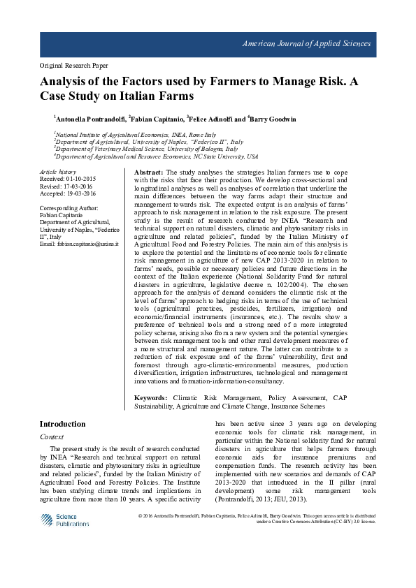 (PDF) Analysis of the Factors used by Farmers to Manage Risk. A Case Study on Italian Farms